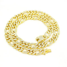 Men Women Cuban Chain Necklace Hip Hop Jewelry 13mm Iced Out Curb Cuban Gold Plated Figro Rhinestone Chain Necklace