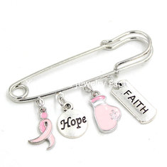 Wholesale New Arrival Breast Cancer Pink Ribbon Brooch Pins Hope Faith Fighting Glove Pink Ribbon Charms Safety Pin