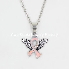 New Arrival Breast Cancer Awareness Jewelry Pink Ribbon Angel Wing Cancer Pendant Necklace Wholesale