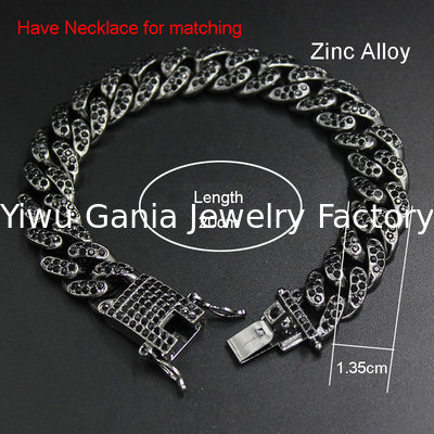 Fashion Jewelry Gun Metal Black Color 13.5mm Iced Out Rhinestone Curb Cuban Chain Bracelets For Men Women Gifts