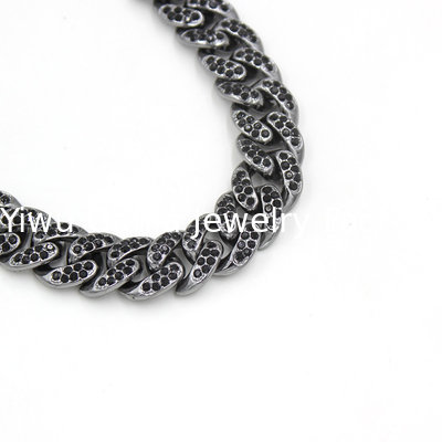 Hot Sale 13.5mm Gunmetal Cuban Chain Necklace For Men Women Hip Hop Rapper Necklace Iced Out Bling Rhinestones Jewelry