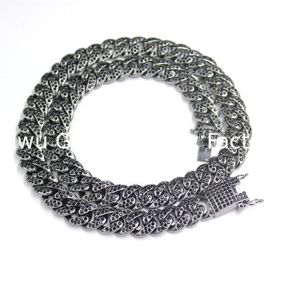 Hot Sale 13.5mm Gunmetal Cuban Chain Necklace For Men Women Hip Hop Rapper Necklace Iced Out Bling Rhinestones Jewelry