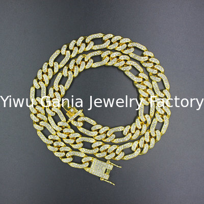 Men Women Cuban Chain Necklace Hip Hop Jewelry 13mm Iced Out Curb Cuban Gold Plated Figro Rhinestone Chain Necklace