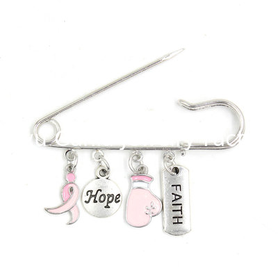 Wholesale New Arrival Breast Cancer Pink Ribbon Brooch Pins Hope Faith Fighting Glove Pink Ribbon Charms Safety Pin