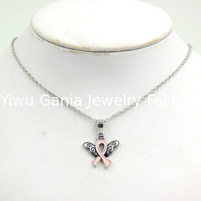 New Arrival Breast Cancer Awareness Jewelry Pink Ribbon Angel Wing Cancer Pendant Necklace Wholesale